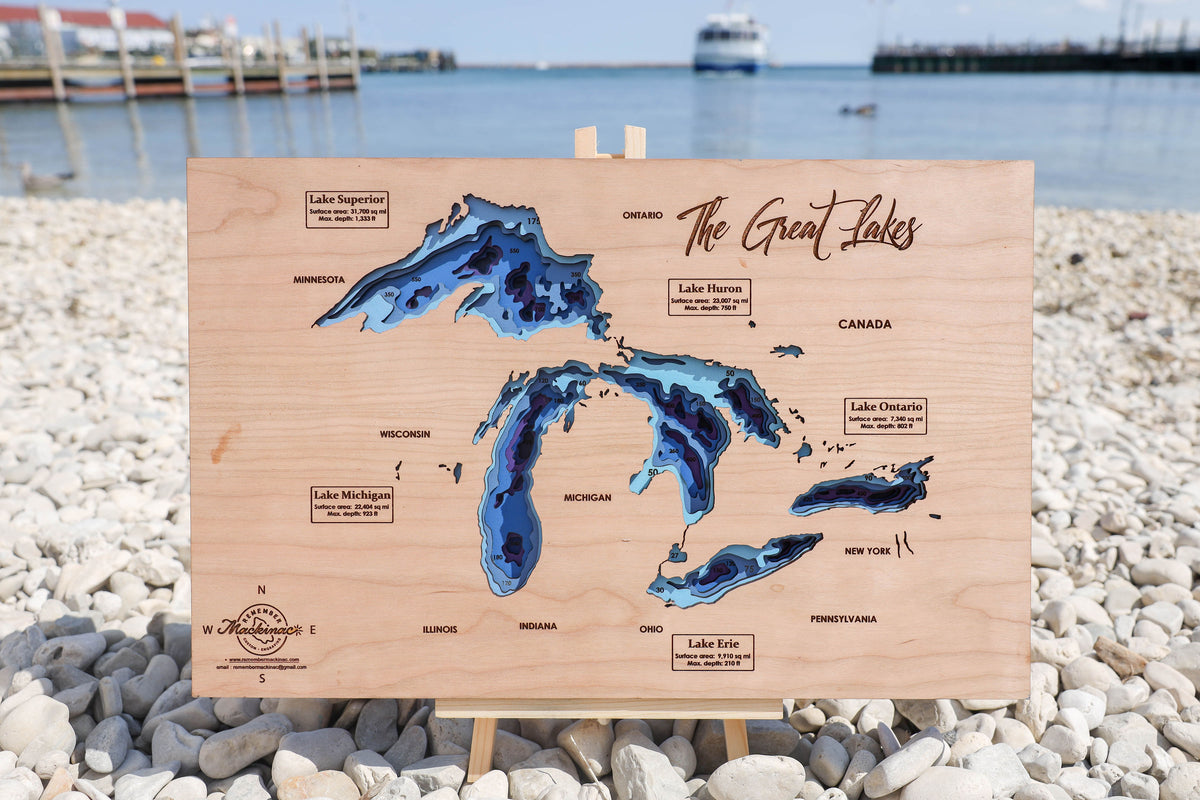 Lake Michigan Depth Map Great Lakes 3 D Nautical Wood Chart, Large,